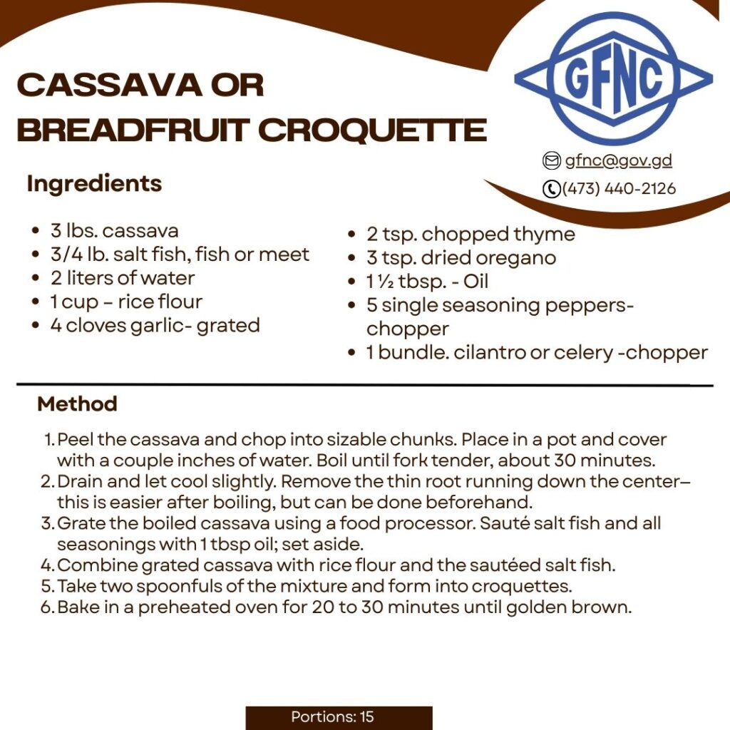 Cassava or Breadfruit Croquette - Grenada Food and Nutrition Council