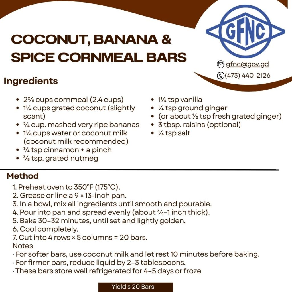 Coconut, Banana & Spice Cornmeal Bars - Grenada Food and Nutrition Council